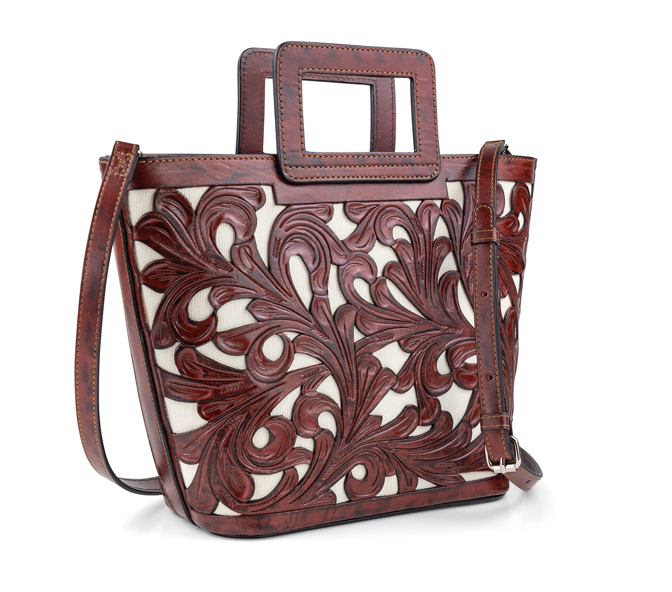Tooled Leather Crossbody Bag for Women - Leather Top Handle Purse (Chestnut)