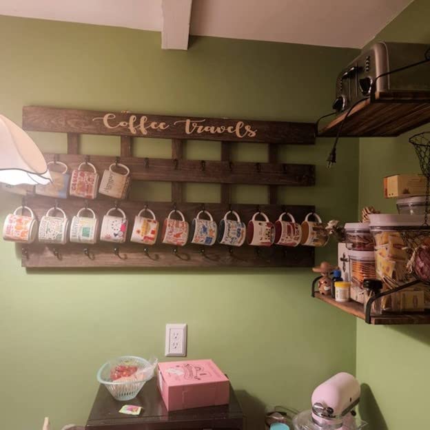 You Are Here Mug Rack - Been There Coffee Mug Rack - Xlarge Coffee Rack With Hooks - XL You Are Here Mug Collection Display (Black Engraving Paint Fill, Font 1)