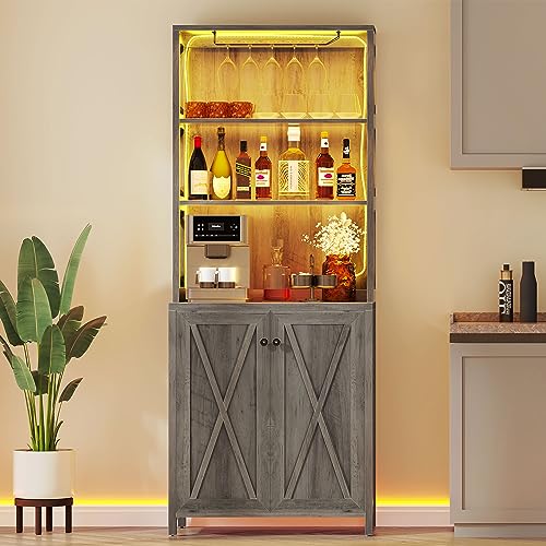 YITAHOME Bar Cabinets with LED Light, Coffee Bar Liquor Cabinet with Glass Holder, Tall Buffet Wine Cabinet with Storage for Kitchen, Dining Room, Rustic Grey Wash