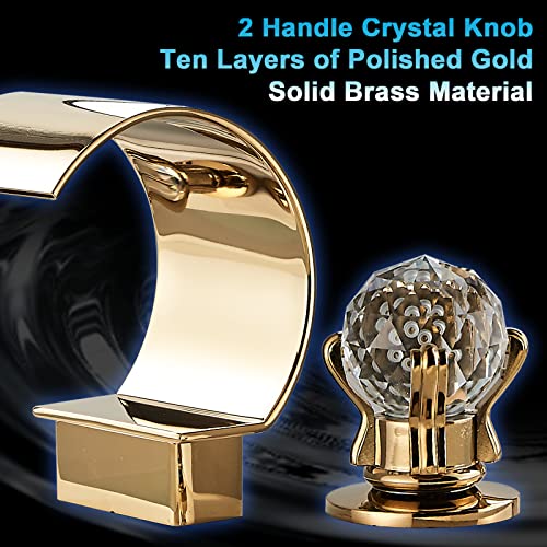 YAGATAP Gold Bathroom Sink Faucet 3 Hole 2 Handle Crystal Knobs High Arc Waterfall Spout Vanity Basin Mixer Tap 8-inch&Upwards Widespread Bathtub Filler Faucet…