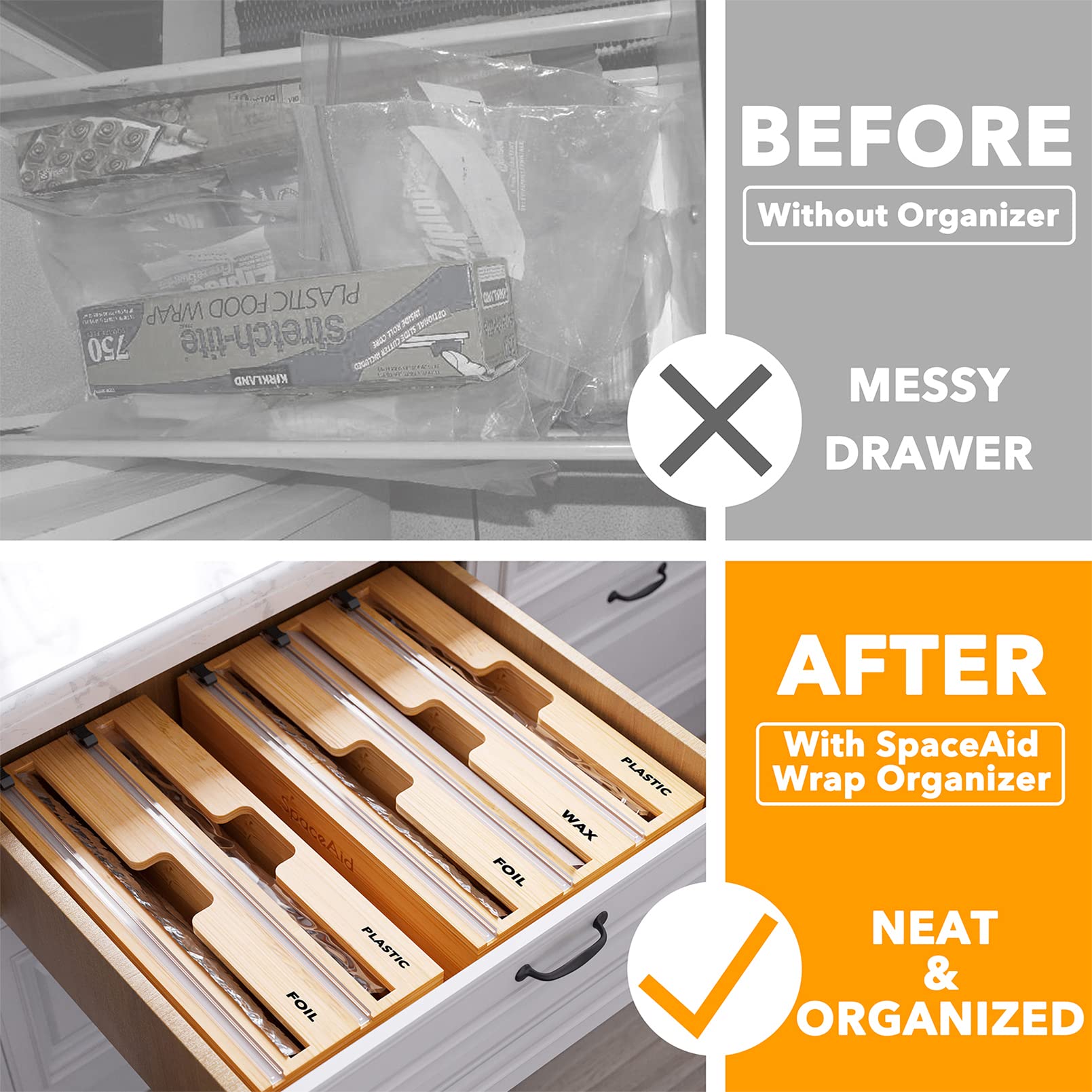 SpaceAid WrapNeat 2 in 1 Wrap Dispenser with Cutter and Labels, Bag Storage Organizer for Kitchen Drawer, (4 Pack)