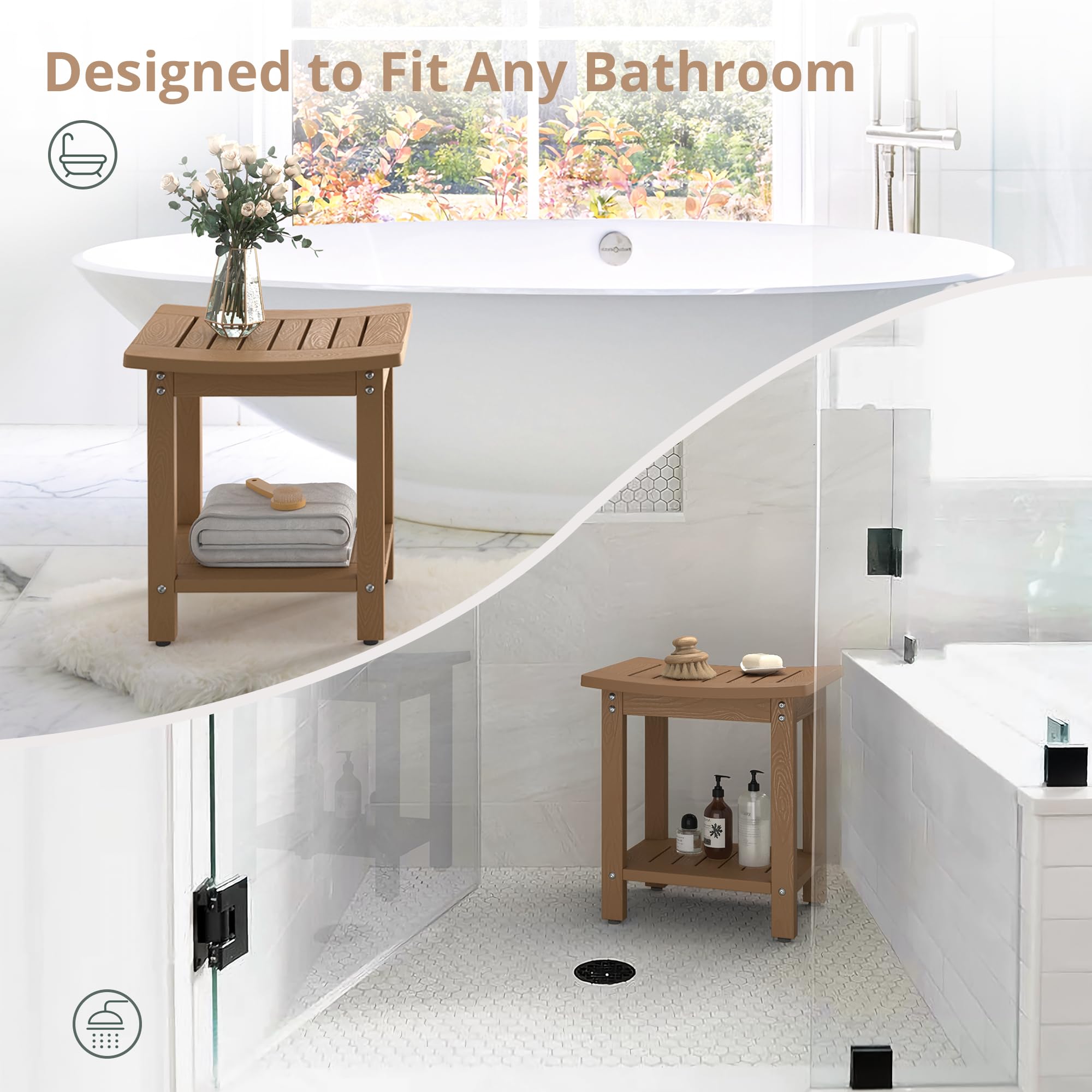 LUE BONA HDPS Shower Bench Seat, Shower Stool for Inside Shower Waterproof, Bath Spa Shower Foot Stool for Shaving Legs with Storage Shelf, Weather Resistant/Non-Slip/Indoor or Outdoor Use, Brown