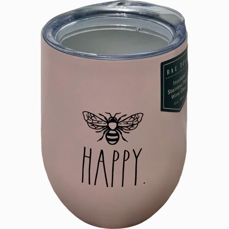 Rae Dunn 12 oz Insulated Stainless Steel Wine Glass with Lid | Inscribed with a Bee & HAPPY | BE HAPPY on Pink