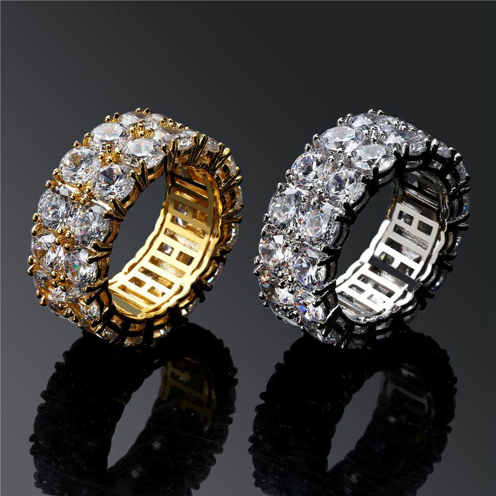 TOPGRILLZ Engagement Ring Men Gold Ring Cubic Zirconia Silver Ring Diamond Rings for Women 9mm Iced out 14K Gold Plated 2 Rows Round Cut Eternity Chunky Ring(Gold,7.5