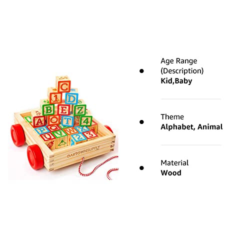 Oaktown Supply Building Blocks for Toddlers 1-3 Years Old, 30 Large Stackable Wooden Baby Blocks with Alphabet and Number Icons on Every Side, Toy Wagon Included