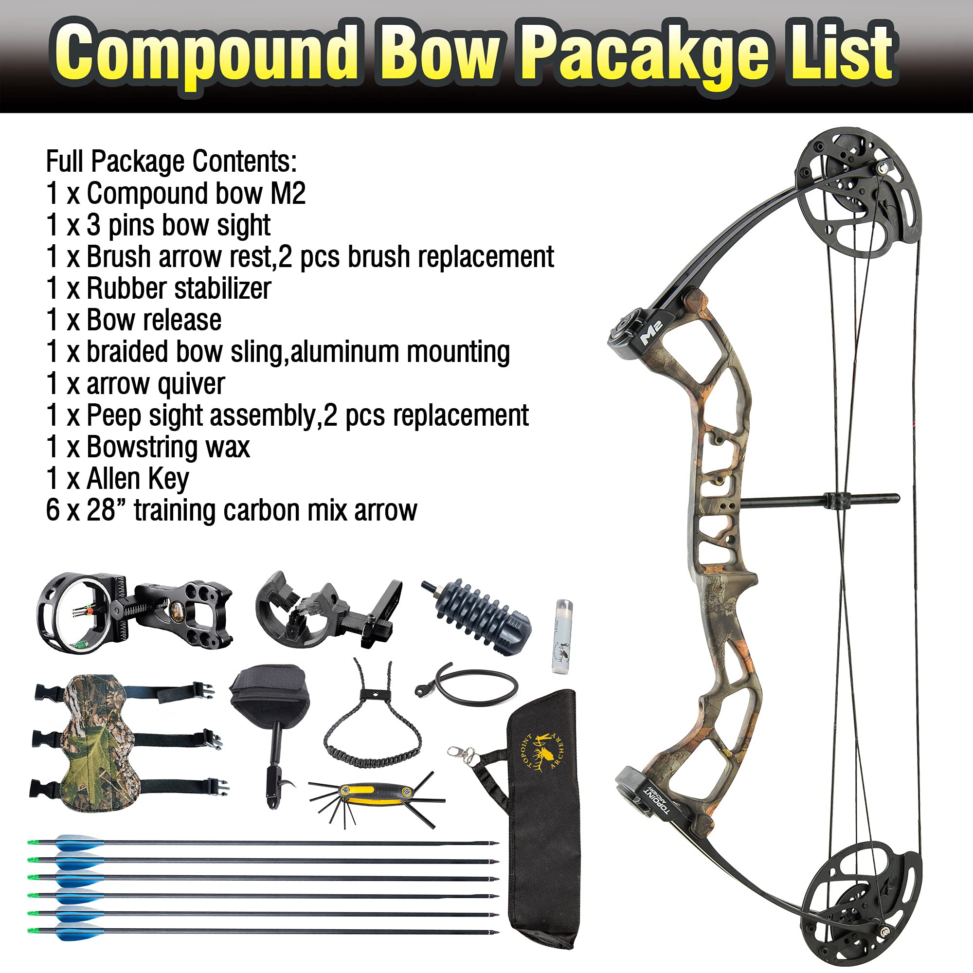 TOPOINT ARCHERY M2 Junior Compound Bow Set Beginners,Youth&Kids Bow Women Bow 17"-27" Draw Length,10-40Lbs Draw Weight,290fps IBO, Bow Only 2.54lbs,Lightweight Design (Muddy Girl with Carry Case)