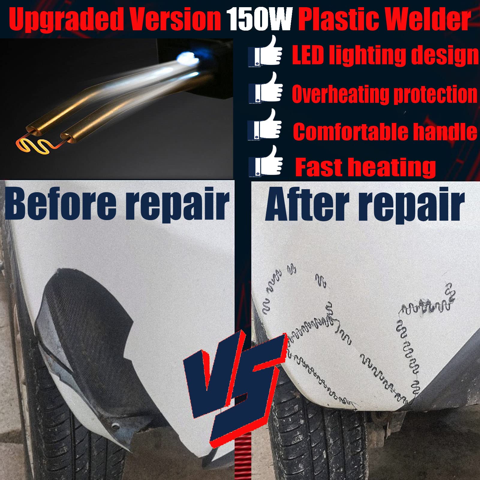 Upgraded 150W Plastic Welder Bumper Repair Kit,2-in-1 Plastic Welding Kit 800PCS Hot Staples & 30pcs Plastic Welding Rods,Hot Stapler Plastic Repair Kit for Car Bumper Kayak Crack Repairs(black)