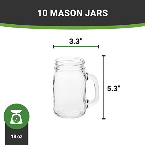 Restaurantware 16 Ounce Mason Jars With Handle 10 Dishwasher Safe Mason Jar Mugs - Scratch Resistant Lead Free Clear Glass Drinking Glass Jars For Cocktails Sodas Shakes Or Juices