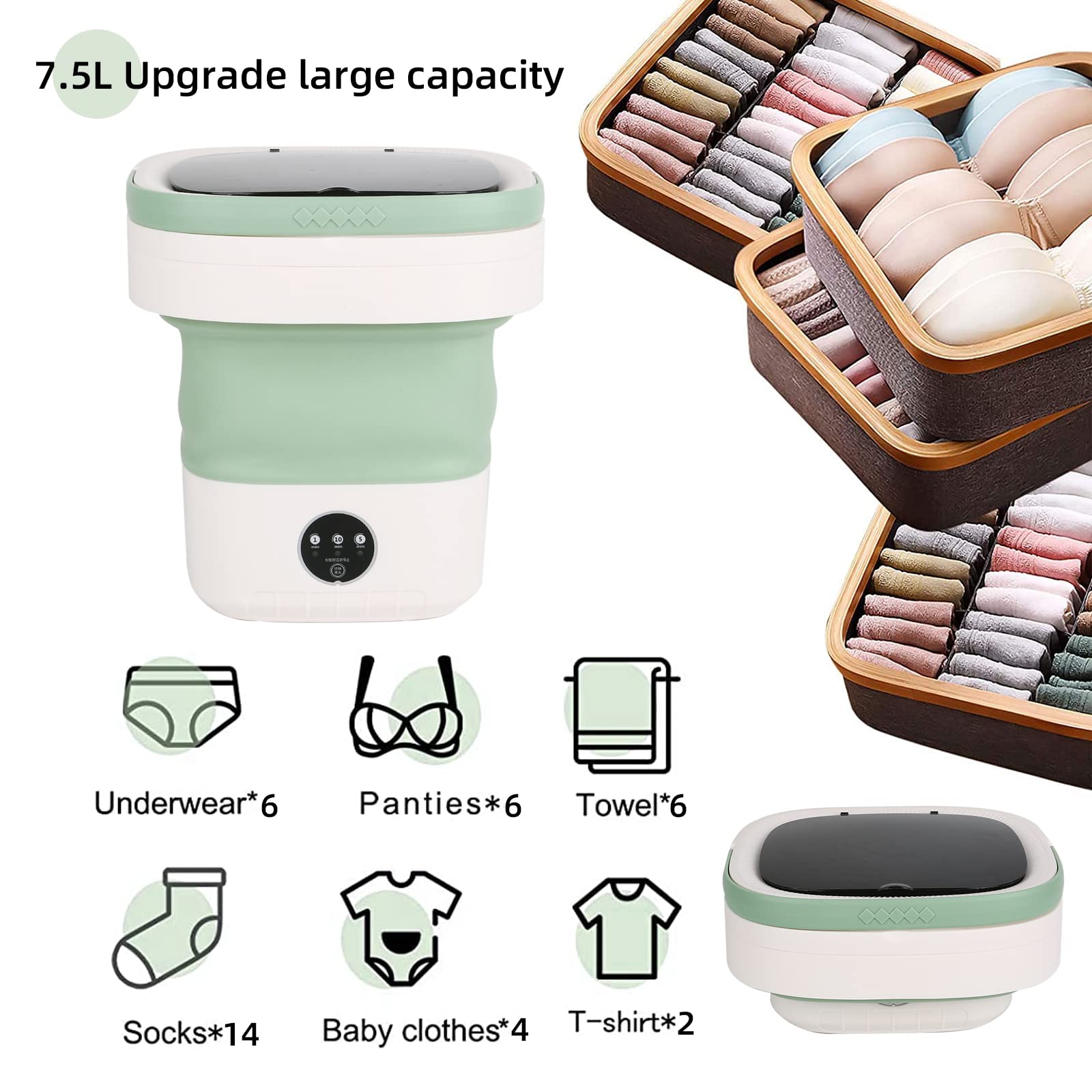 Portable Washing Machine, 7.5L 3-Speed Adjustment Mini Foldable Washer with Drain Basket USB Compact Outdoor Washing Machine for Underwear, Sock, Suitable for Travel, Camping,RVs(Fresh Green)
