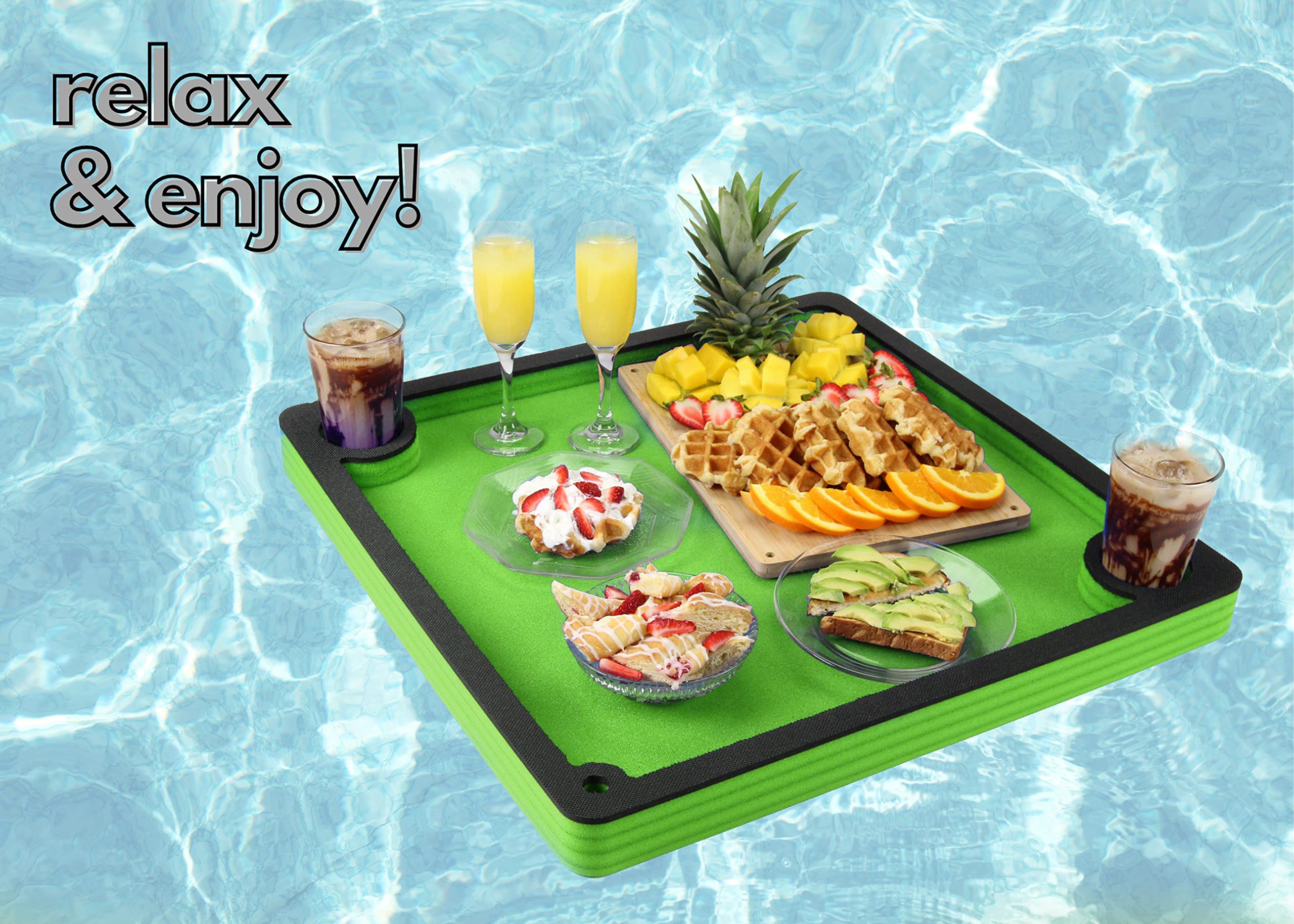 Polar Whale Floating Breakfast Table Serving Buffet Green and Black Tray Drink Holders for Swimming Pool or Beach Party Float Lounge Refreshment Durable Foam UV Resistant with Cup Holders 24 Inches
