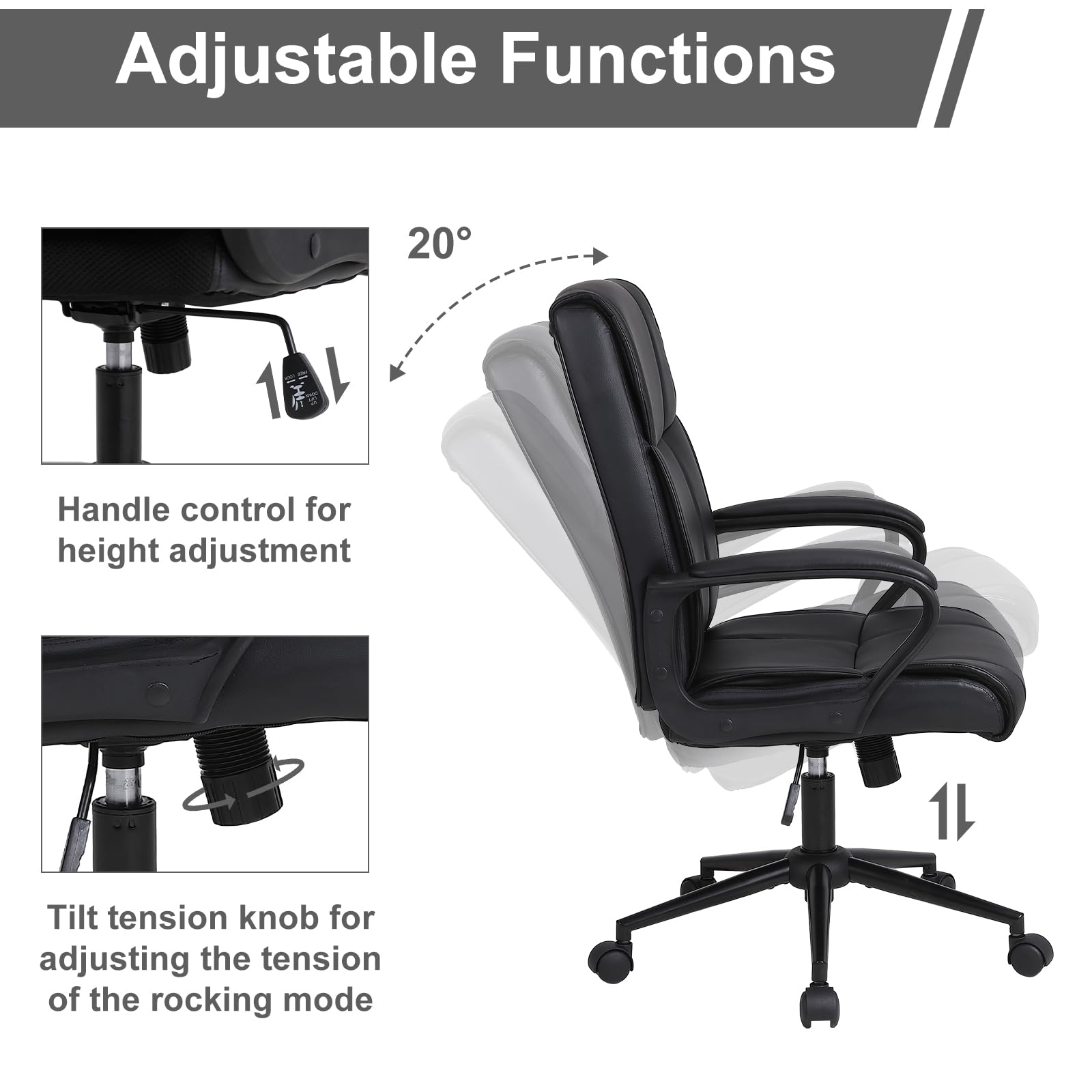 Nusetx Executive Office Chair, High Back Home Office Desk Chair, Swivel PU Leather Computer Chair with Padded Arms, Adjustable Height and Lumbar Support, Black
