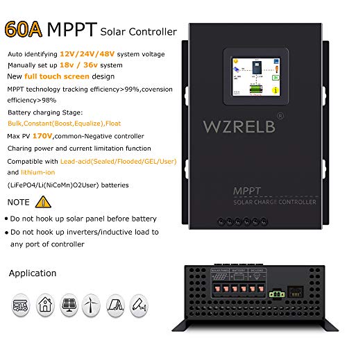 WZRELB 60A MPPT Solar Charge Controller 12V/24V/48 Auto , 18V/36V Manual, Battery Charger Controller,LCD Full Touch Screen Design