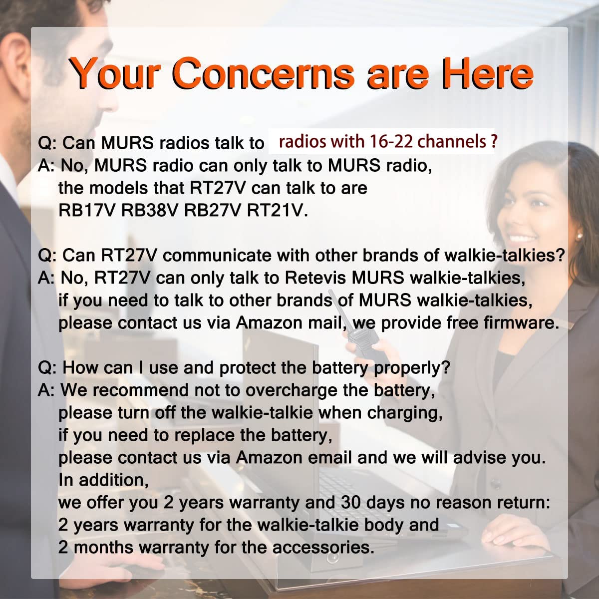 Retevis RT27V MURS 2 Way Radios, Walkie Talkies with Earpiece, Rechargeable, License-Free, 5 Low Traffic Channel, Two-Way Business Radios for Service Emergency Rescue Church(10 Pack)