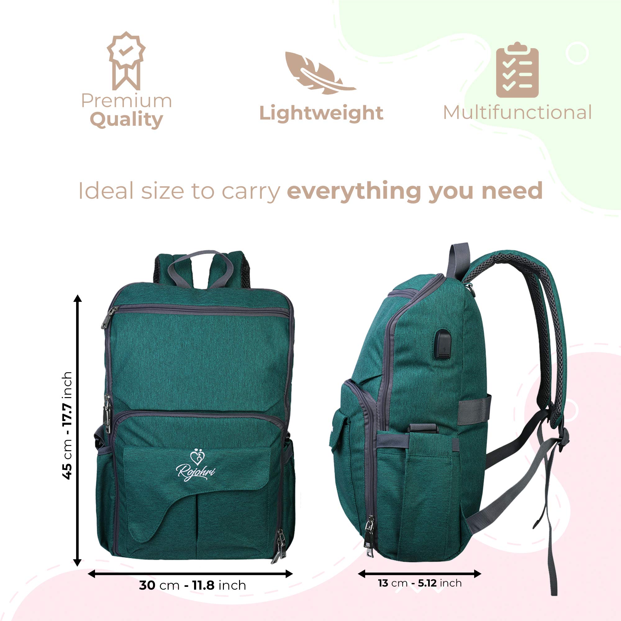 Rojohri Practical Diaper Travel Backpack-Large Multifunctional Baby Bag for Mom and Dad-Compartments for Organizing Essentials, Insulated Pockets- Lightweight and Waterproof Fabric- Teal Blue