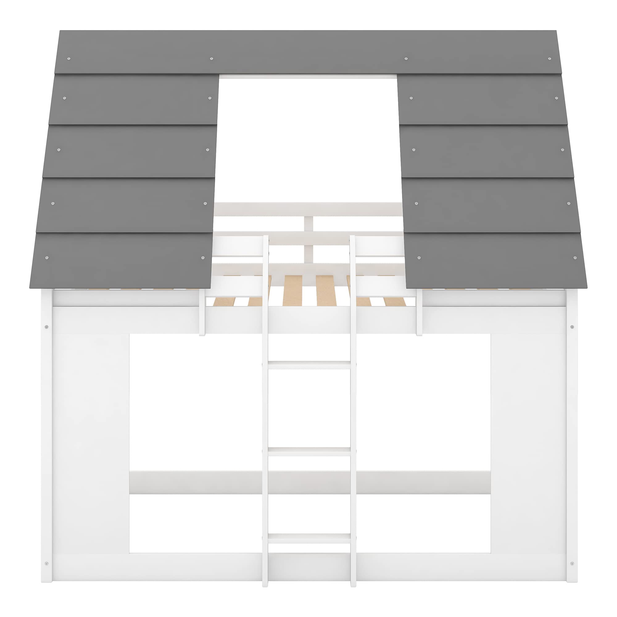 LZ LEISURE ZONE Twin Loft Bed, Low Loft Bed Twin Size, Wood Twin House Bunk Bed with Roof and Built-in Ladder, No Box Spring Needed, White+Gray