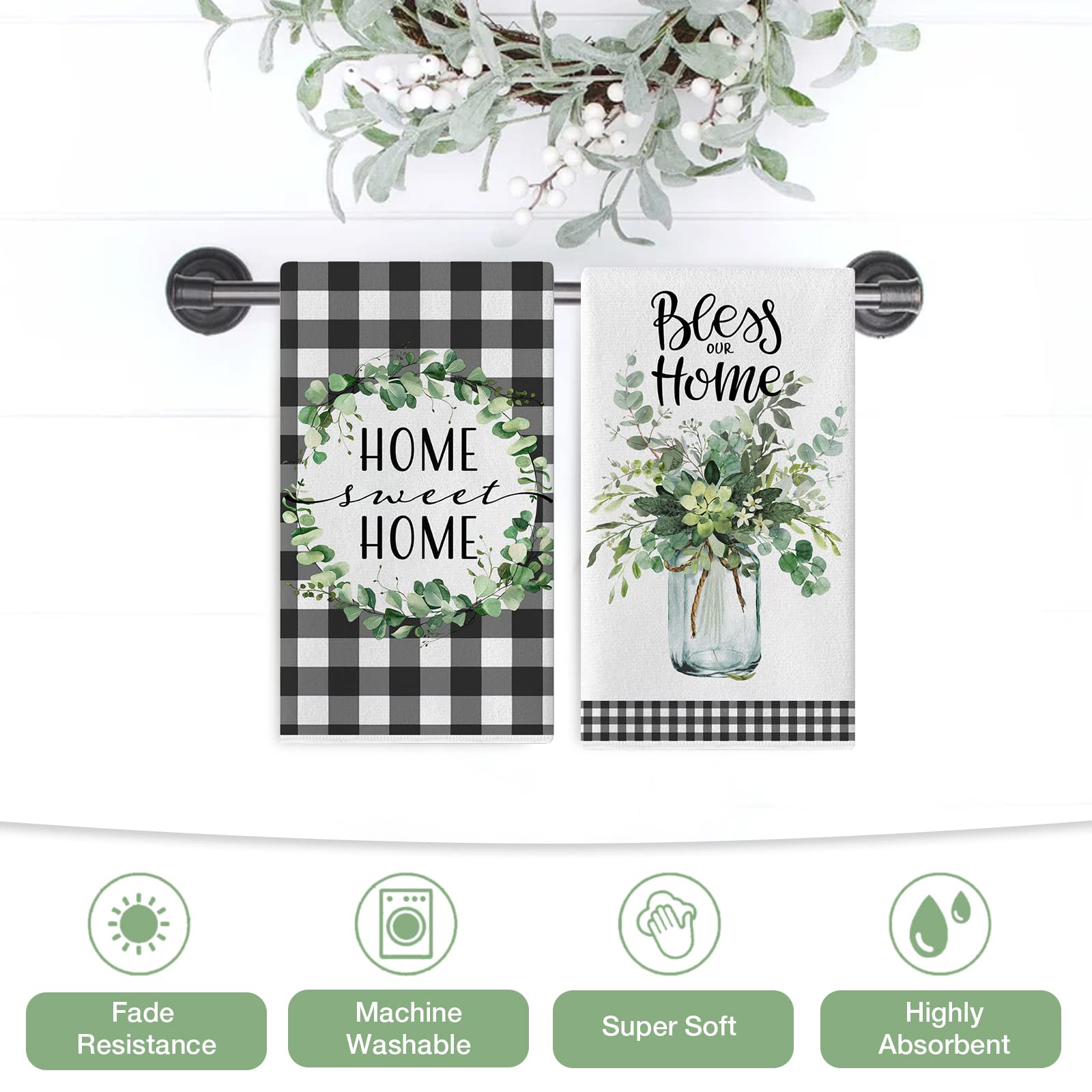 Seliem Summer Eucalyptus Greenery Kitchen Dish Towel Set of 2, Buffalo Plaid Check Absorbent Hand Drying Baking Cooking Cloth, Spring Seasonal Farmhouse Decor Bless Our Sweet Home Decorations 18 x 26
