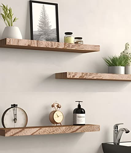 YYWUOJJ Wood Floating Shelves for Wall Decor, Rustic Wall Shelves for Bedroom Bathroom Kitchen Living Room, Set of 4 Light Walnut