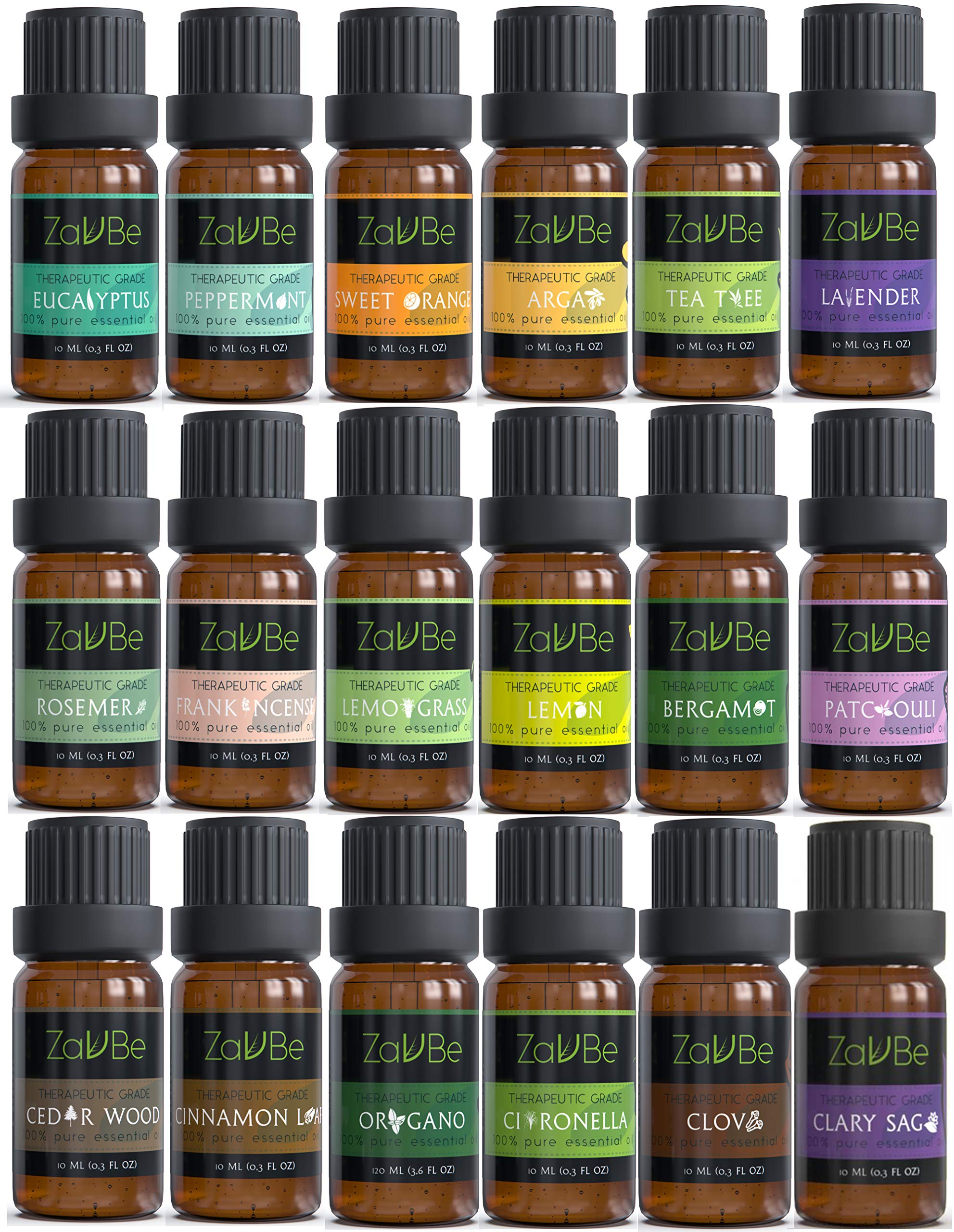 MABUA 18 Essential Oil Set with 20 Holes Case Natural Therapeutic 100% Diffuser Aromatherapy Grade Lavender Lemon Peppermint TeaTree Argan Frankincense Bergamot Lemon