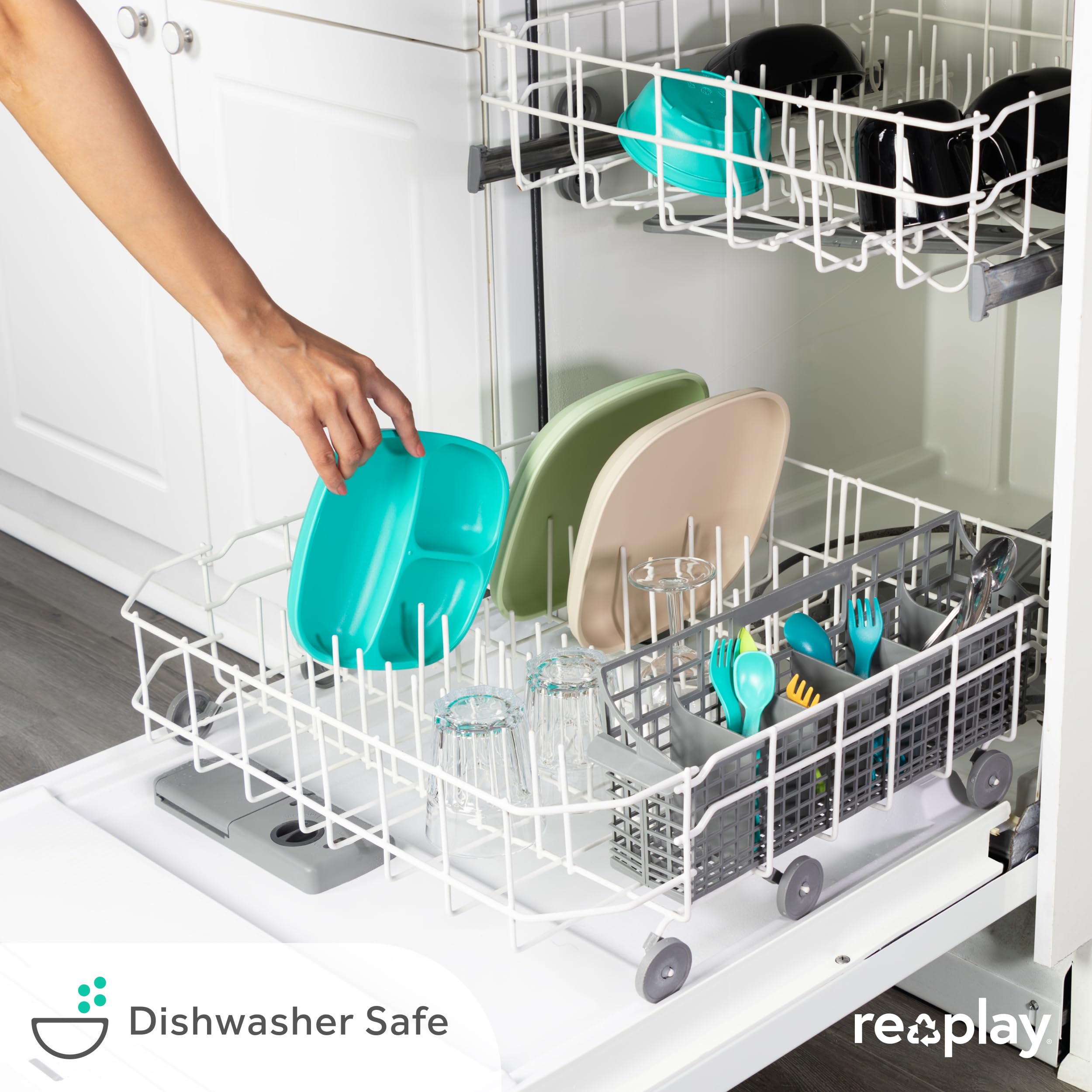 Re-Play Made in USA Deep Walled 3 Compartment Plates, Pack of 6 - Reusable Divided Plates for Kids, Dishwasher and Microwave Safe - Durable Toddler Plates 7.37" x 7.37" x 1.25", Crayon Box