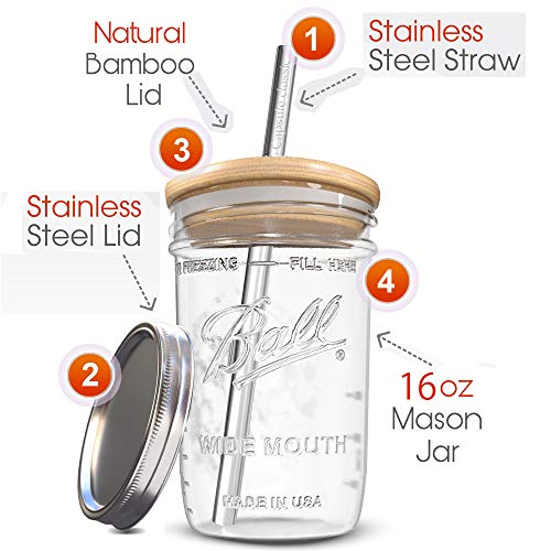 Reusable Boba Bubble Tea & Smoothie Cups - 2 Glass Wide Mouth 16oz Mason Jars with Bamboo Lids - 2 Reusable Silver Stainless Steel Boba Straws