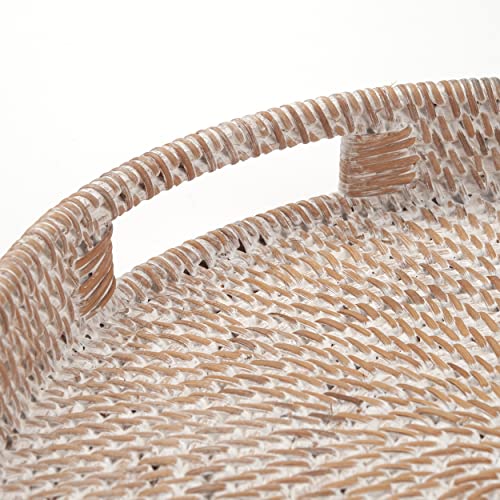 Round Rattan Serving Tray Decorative Woven Ottoman Trays with Handles for Coffee Table White (Small 11.8 inch x 2.4 inch)
