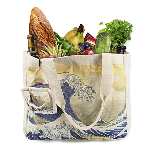 Reusable canvas shopping bag - with Coin Purse, Canvas Shopping Bag with Handle, Organic Cotton Shopping Bag, Heavy Duty Machine Washable Cloth Tote Bag, Japanese Culture Style Printed Pattern (D)