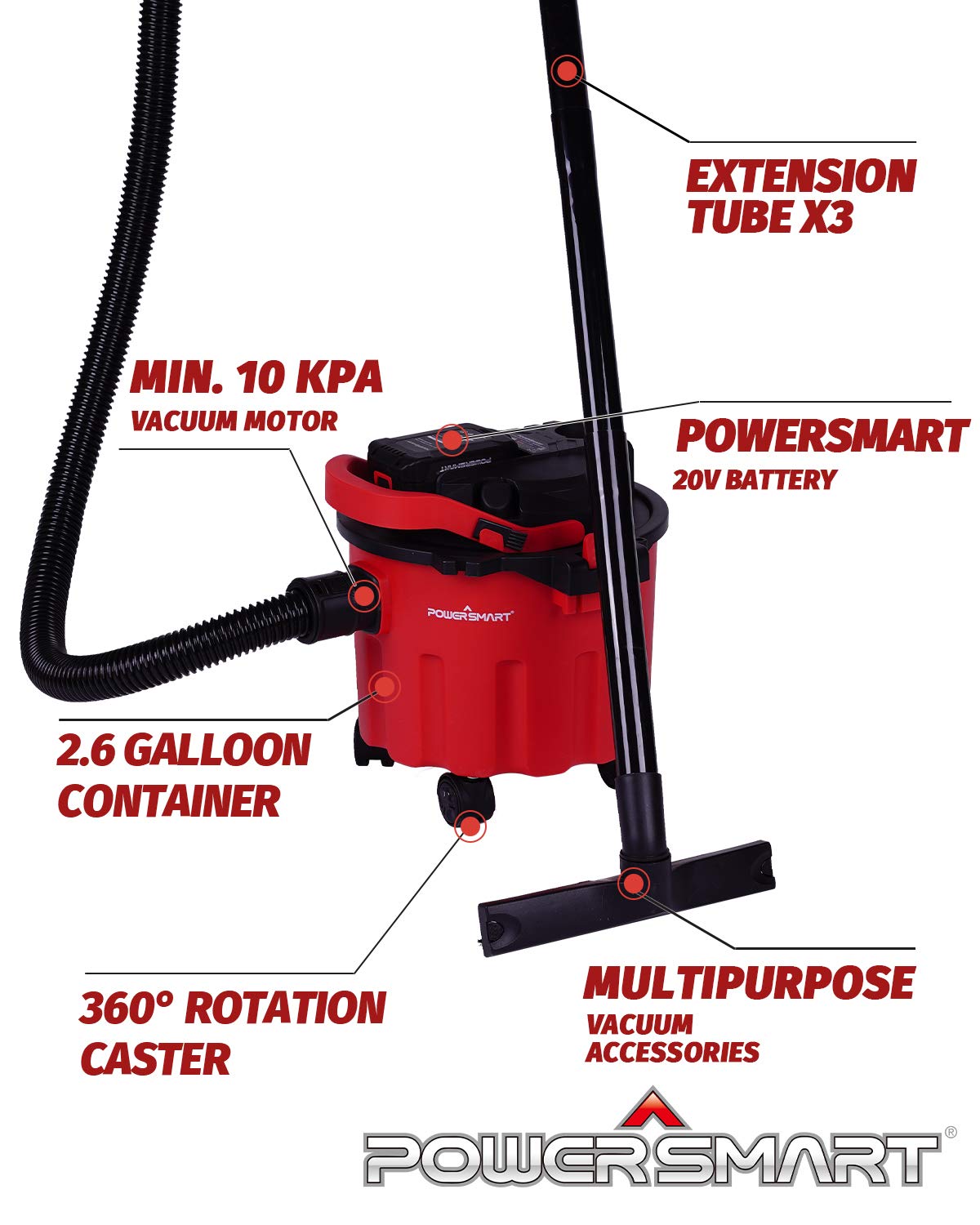 PowerSmart HEPA Cordless Shop Vacuum Cleaner, 2.6 Gallon, 20V, with 1.5Ah Battery and Charger, Portable Shop Vac
