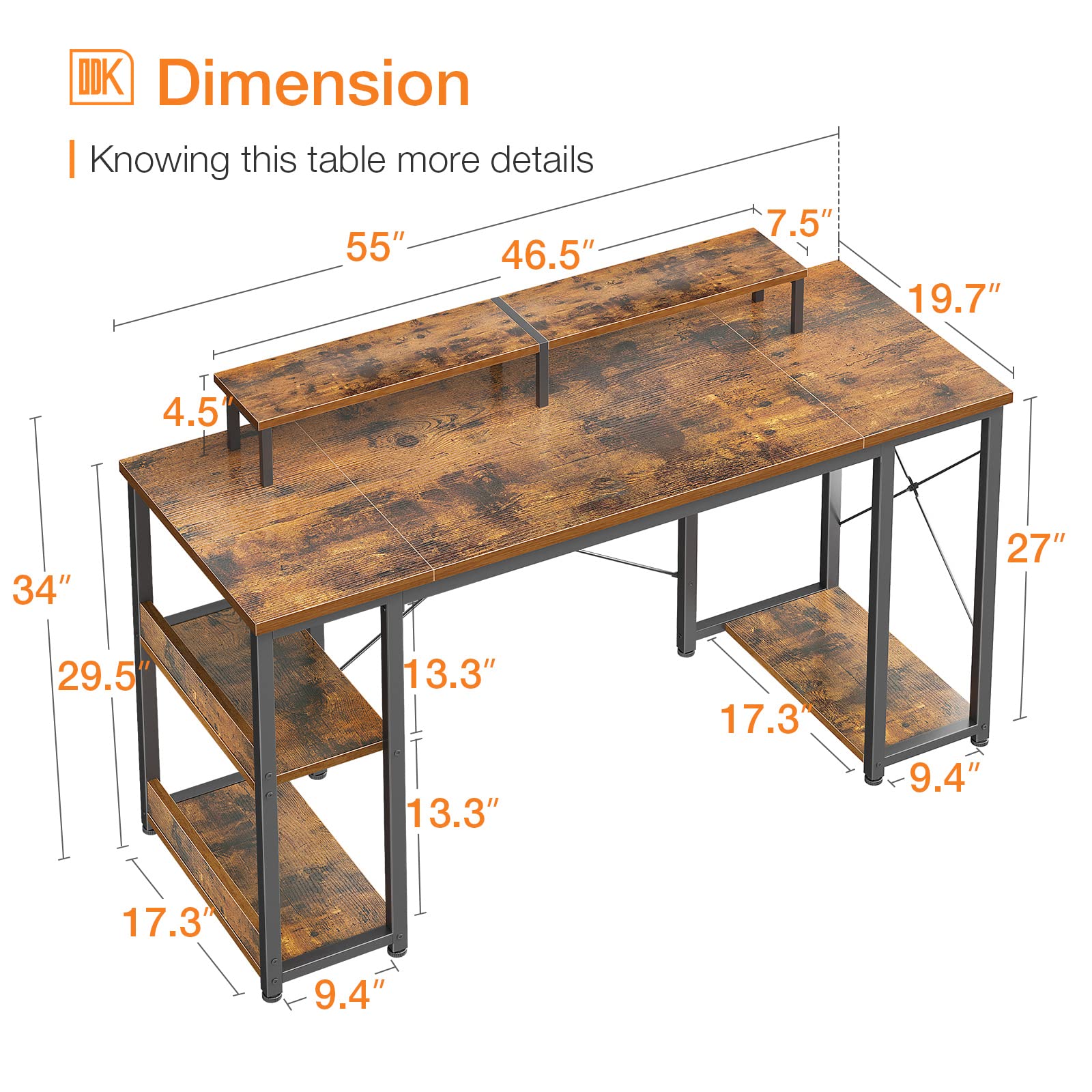 ODK 63 inch Computer Desk with Monitor Shelf and Storage Shelves, Writing Desk, Study Table with CPU Stand & Reversible Shelves, Vintage