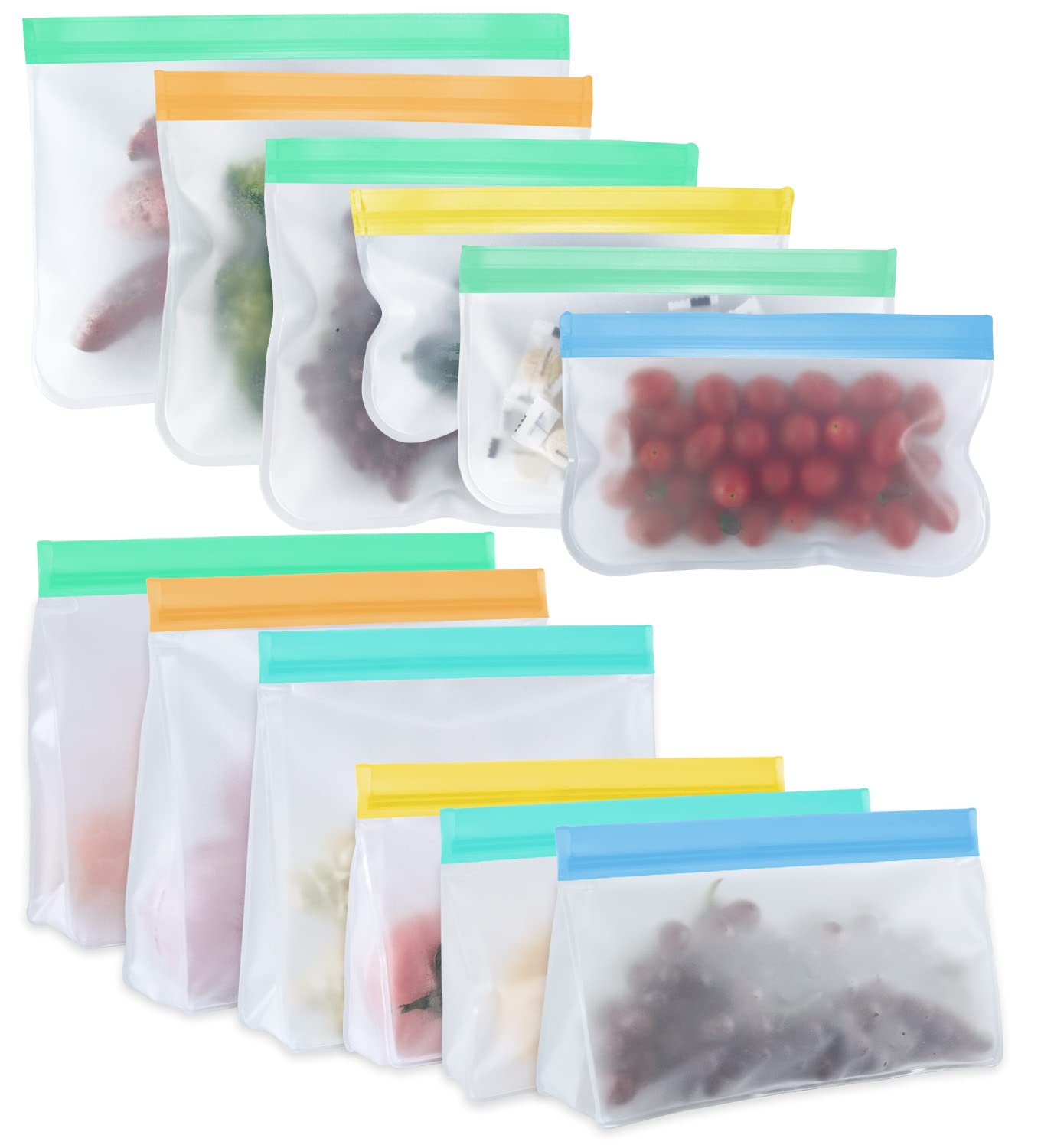 Reusable Food Storage Bags - Axbima 12 PACK PEVA Reusable Freezer Bags for Sandwich - Stand-up Reusable Snack Zip lock bags for Home/Travel Meat Fruit Vegetables Cereal Nuts (Multicolored)