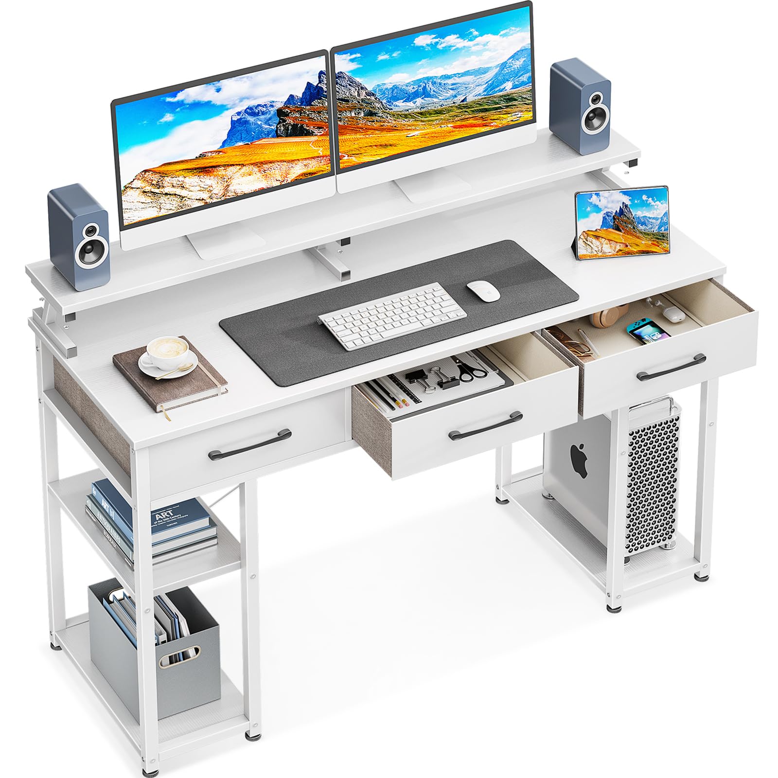 ODK Computer Desk with Drawers and Storage Shelves, 48 inch Home Office Desk with Monitor Stand, Modern Work Study Writing Table Desk for Small Spaces, White