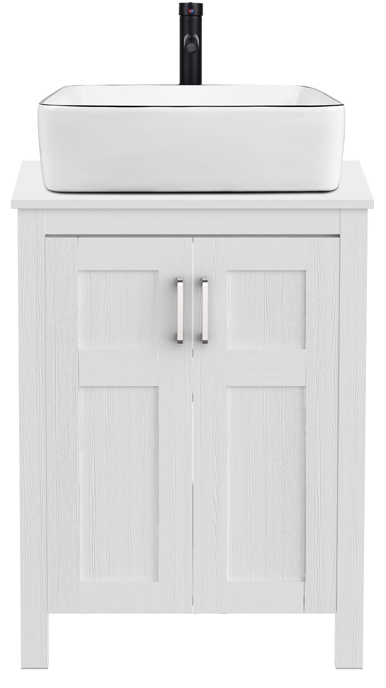 YOURLITE 24 Inch Bathroom Vanity and Sink Combo White Modern MDF Board Countertop Vessel Sink with Water Saving 1.5 GPM Faucet and Pop-up Darin Bathroom Cabinet