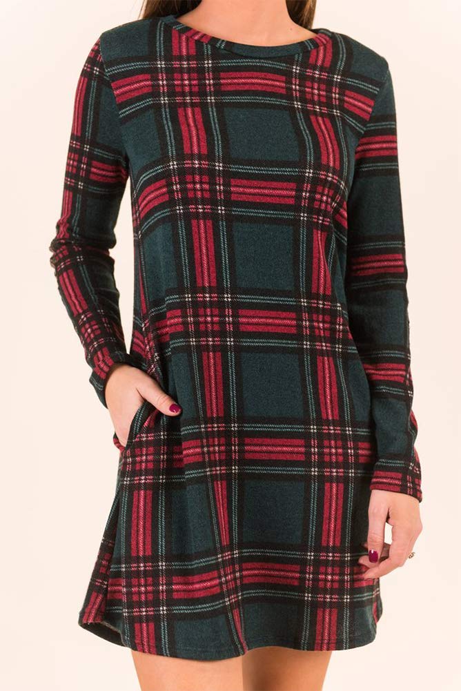 MIROL Women's Long Sleeve Plaid Color Block Casual Swing Loose Fit Tunic Dress