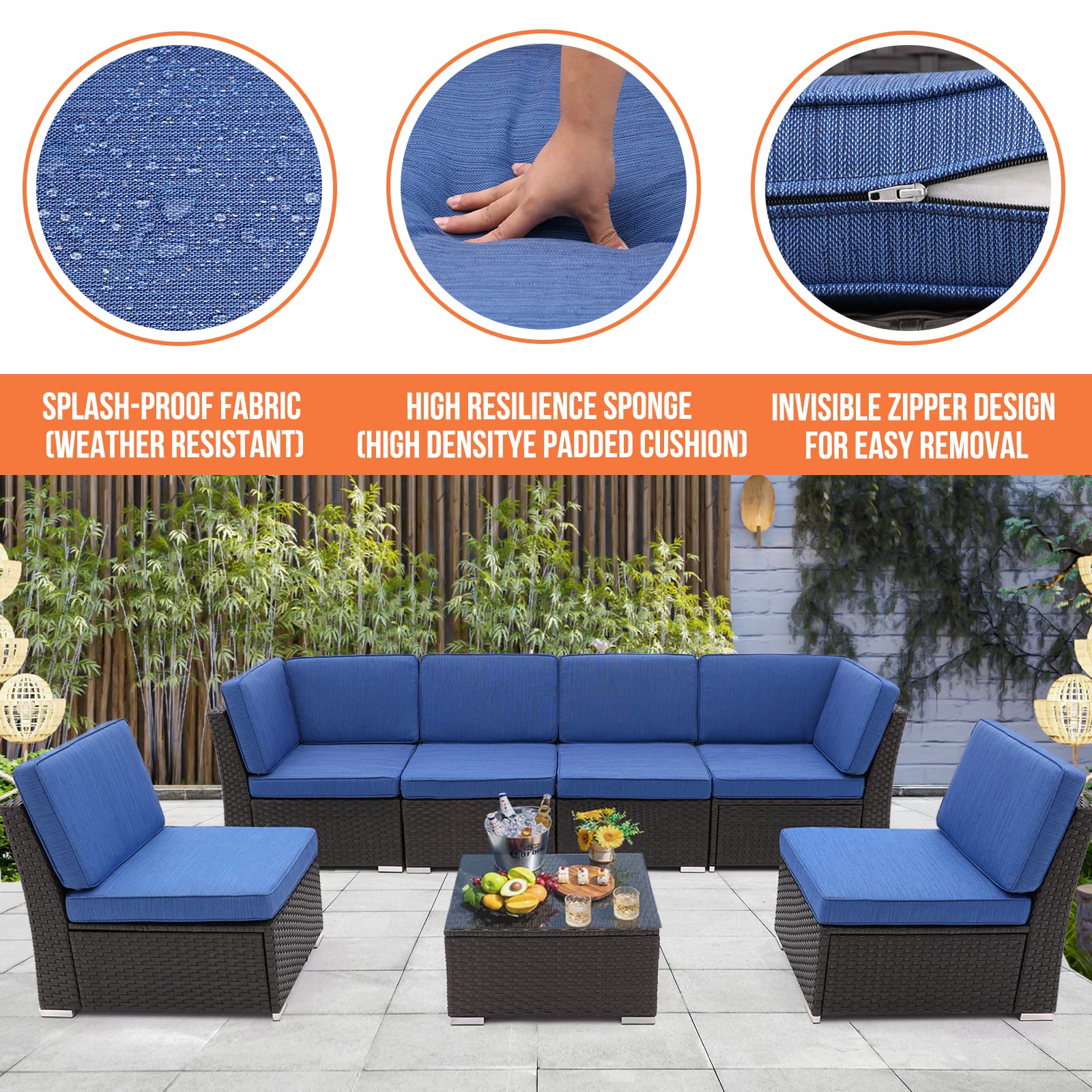 TiuBroe 7 Pieces Patio Furniture Sets, Outdoor PE Rattan Sectional Sofa Conversation Set, All Weather Conversation Set w/6 Seat Cushions and 1 Coffee Table (Dark Blue)