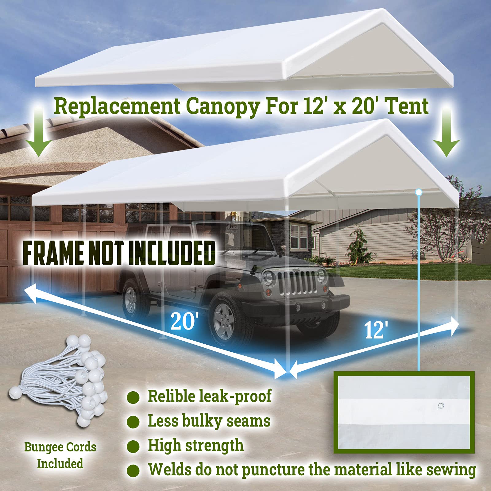 YardGrow 12 x 20 Feet Replacement Top Canopy Roof Cover for Carport Garage Shelter with Bungees, Frame Not Included (White)