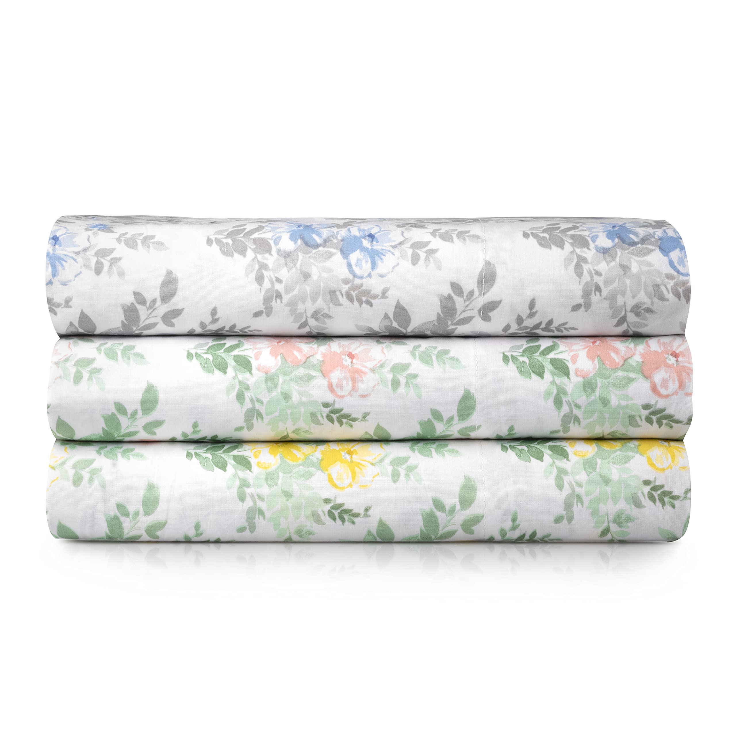 MARTHA STEWART Lynn Floral Full Size Sheet Set - 4 Piece, 100% Cotton, 300 Thread-Count, Wrinkle Resist, Soft, Deep Pocket, 1 Flat, 1 Fitted, 2 Pillowcases, Blue