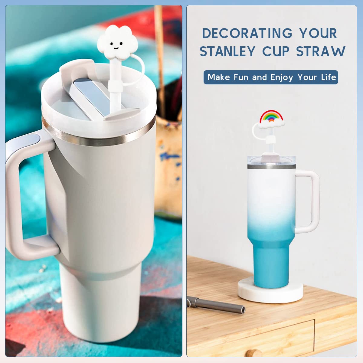 Straw Covers Cap for Stanley Cup, 4pcs 10MM Cloud&Rainbow Straw Cover, Silicone Straw Covers Cap Straw Topper for Stanley 30&40 Oz Tumbler with Handle,Straw Tip Covers Stanley Cup Accessories