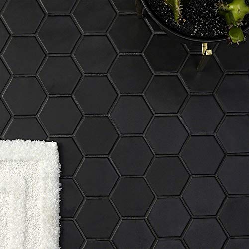Maine Black 3" Hexagon Matte Ceramic Mosaic Backsplash, Kitchen, Bathroom Floor and Wall Tile (0.96 Sq. Ft. / Sheet)