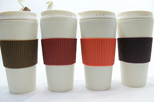 Reusable Travel Mug Hot Cold Non Slip Grip Screw Lid Flip Open Cap Prevents Leaks and Spills comes 4 in a Pack assorted colors