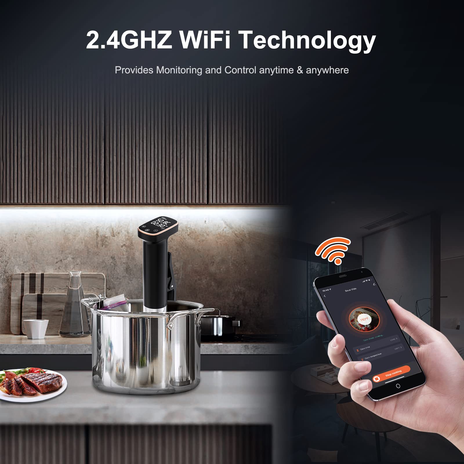 Sous Vide Cooker, Wifi Sous Vide Machine Cooker,IPX7 Waterproof, 1100W Fast-Heating Immersion Circulator with Recipes on APP,Accurate Temperature and Time Control, Low Noise