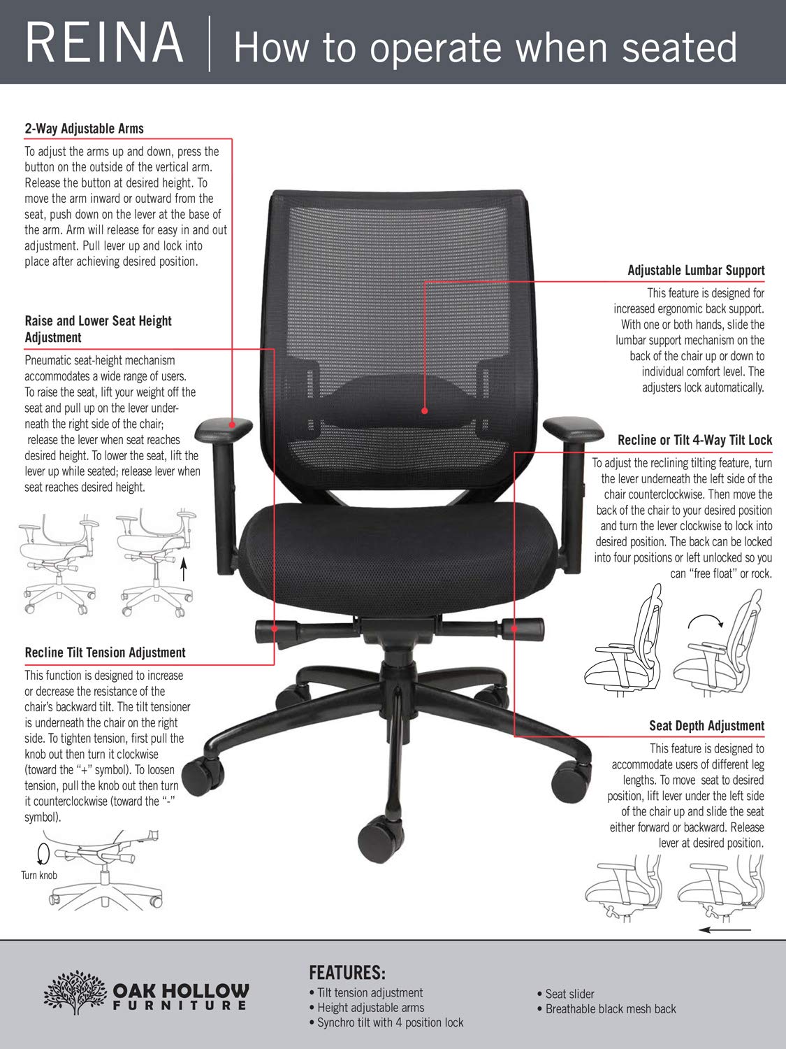 Oak Hollow Furniture Reina Series Office Chair Ergonomic Executive Computer Chair with Breathable Fabric Seat Cushion and Mesh Back, Adjustable and Comfortable, Lumbar Support, Swivel and Tilt