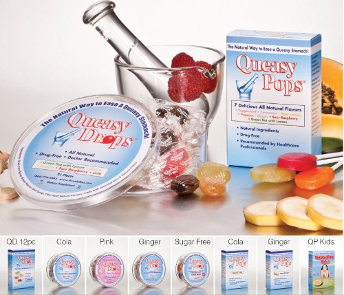 Queasy Drops | 3 Pack: 21 Drops Each | Drug Free & Gluten Free | Five Flavors: Green Tea with Lemon, Ginger, Raspberry, Banana & Cola 21 Count