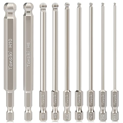 Tonsiki 9PCS Ball End Hex Head Allen Wrench Drill Bit Set, Metric S2 Steel Hex Bits Set, 1/4" Hex Shank Magnetic Screwdriver Bit Set for Assembling Furniture, 4'' Long - 1.5/2/2.5/3/4/5/6/8/10mm