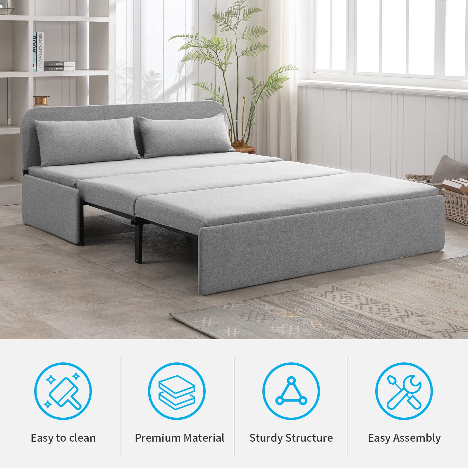 Mjkone Twin Size Pull out Sofa bed, 2-in-1 Modern Pull out Linen Sleeper Sofa Couch, Revesible couch bed with Cushions&Throw Pillows for Small place/Apartment/Living Room/Office/Studio(Light Gray)