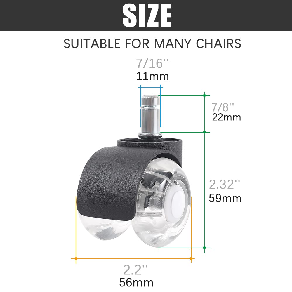 Office Chair Casters Wheels Replacement 2 Inch Heavy Duty Silent Rubber Chair Casters with Standard Stem 7/16″* 7/8″(11mm*22mm) Suitable for Hardwood Floors and Carpet,Set of 5-Universal fit