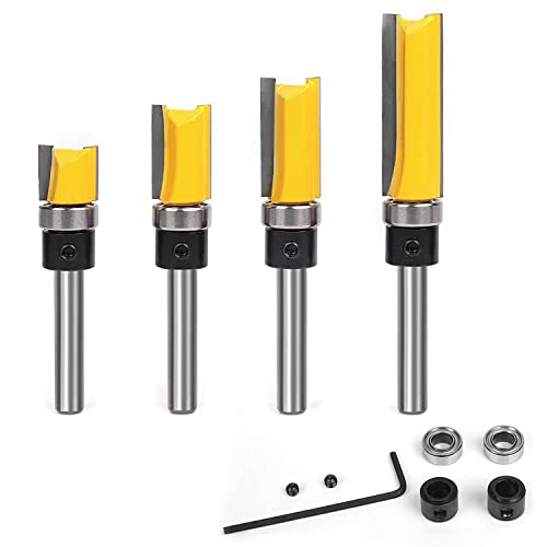 TOOLDO Pattern Flush Trim Bit 4 Pcs Router Bits,Top Bearing Flush Trim Bits Set,1/4 Inch Shank ,Cutting Length 1/2", 3/4", 1", 1-1/2"