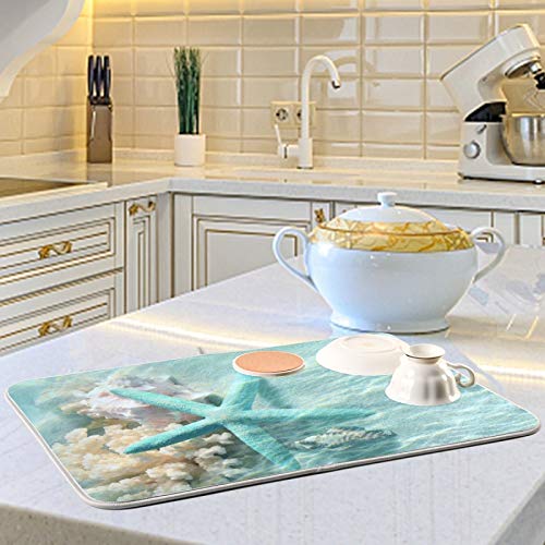 Summer Beach Starfish Absorbent Kitchen Dish Drying Mat Reversible 16"x 18",Seashell Drying Pad Protector for Counter Sinks Dining Table