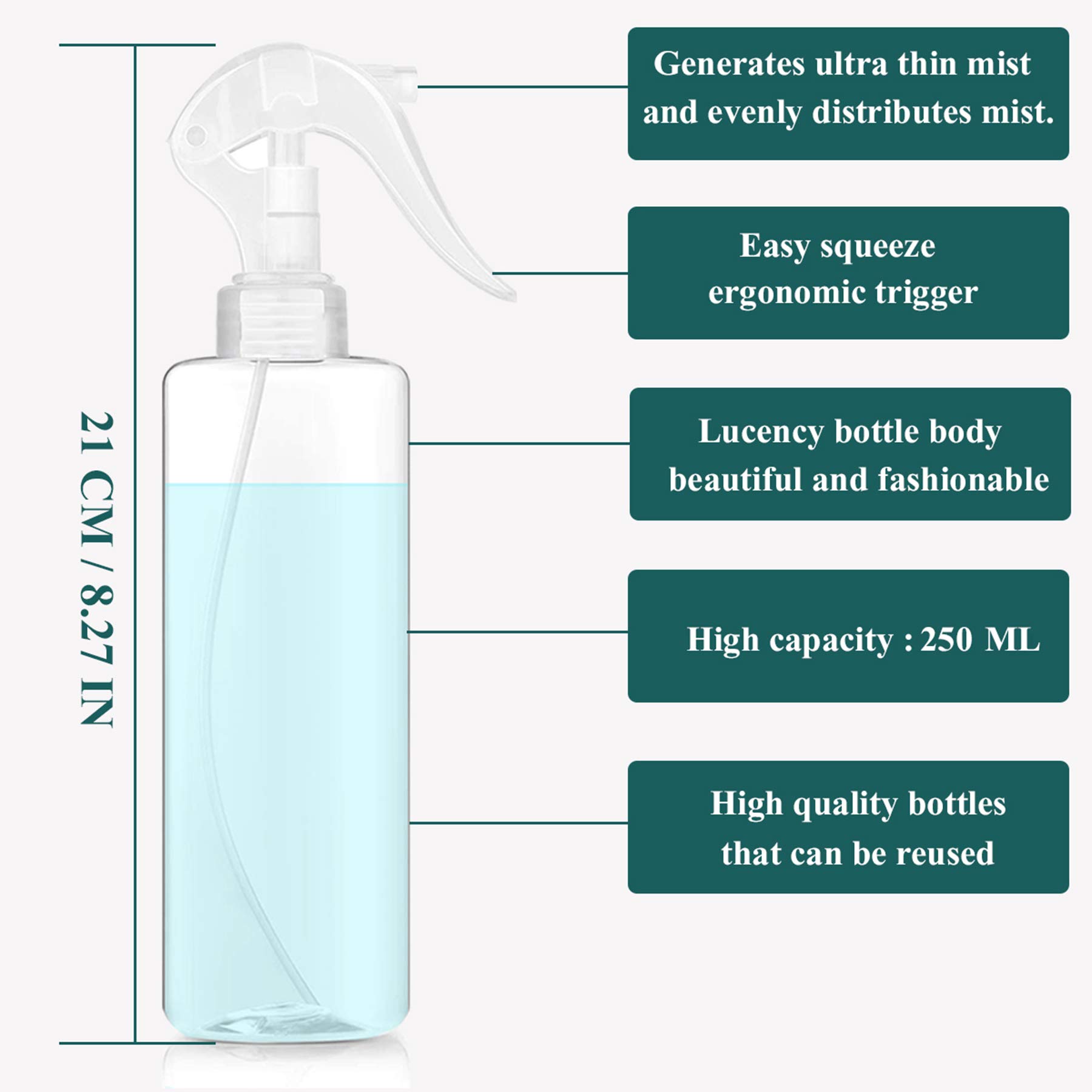Plastic Empty Spray Bottles 8 oz(8Pack) Clear Hair Mister Spray Bottles Leak Proof Plant Water Spray Bottle Trigger Squirt Bottles for Cleaning Solutions,Essential Oils,Gardening with 2 Funnels