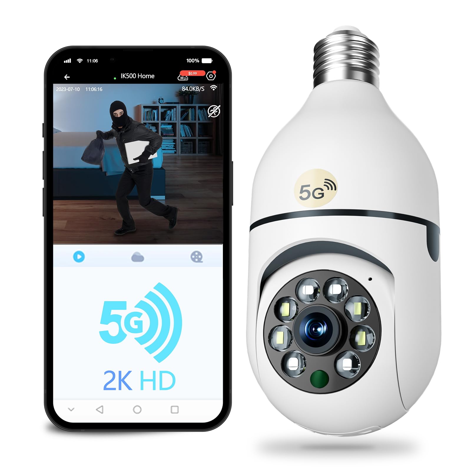 OJR 2K HD Light Bulb Security Camera, 5G/2.4G WiFi PTZ Camera Wireless Outdoor, Motion Detection and Alarm, Full Color Night Vision, Two-Way Audio, Easy Installation