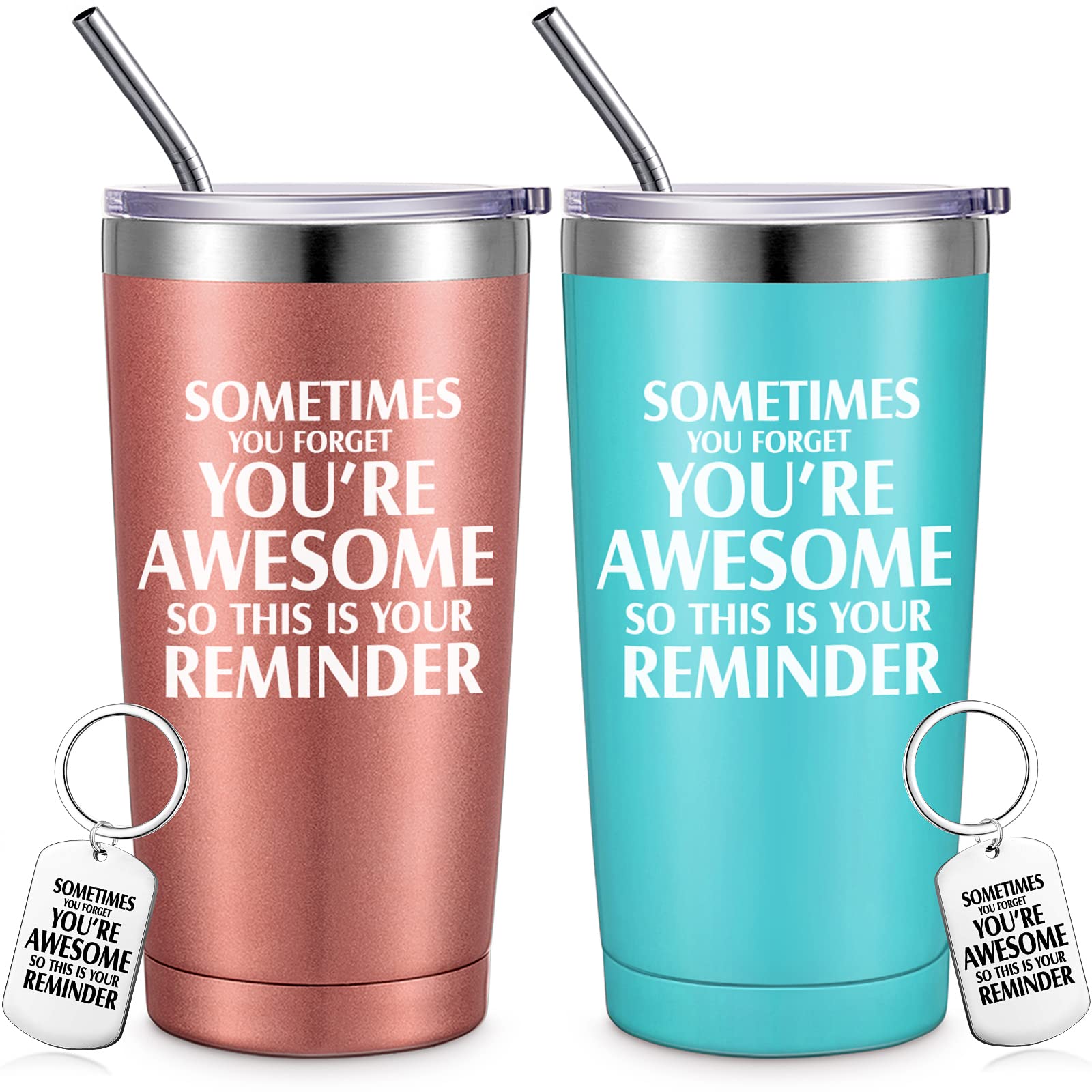 Sieral 4 Pcs Thank You Gifts, Inspirational Tumbler with Keychain Appreciation Gifts Inspirational Gifts for Women Men Coworker Friends Motivational Wine Tumbler 20 oz, Blue, Rose Gold