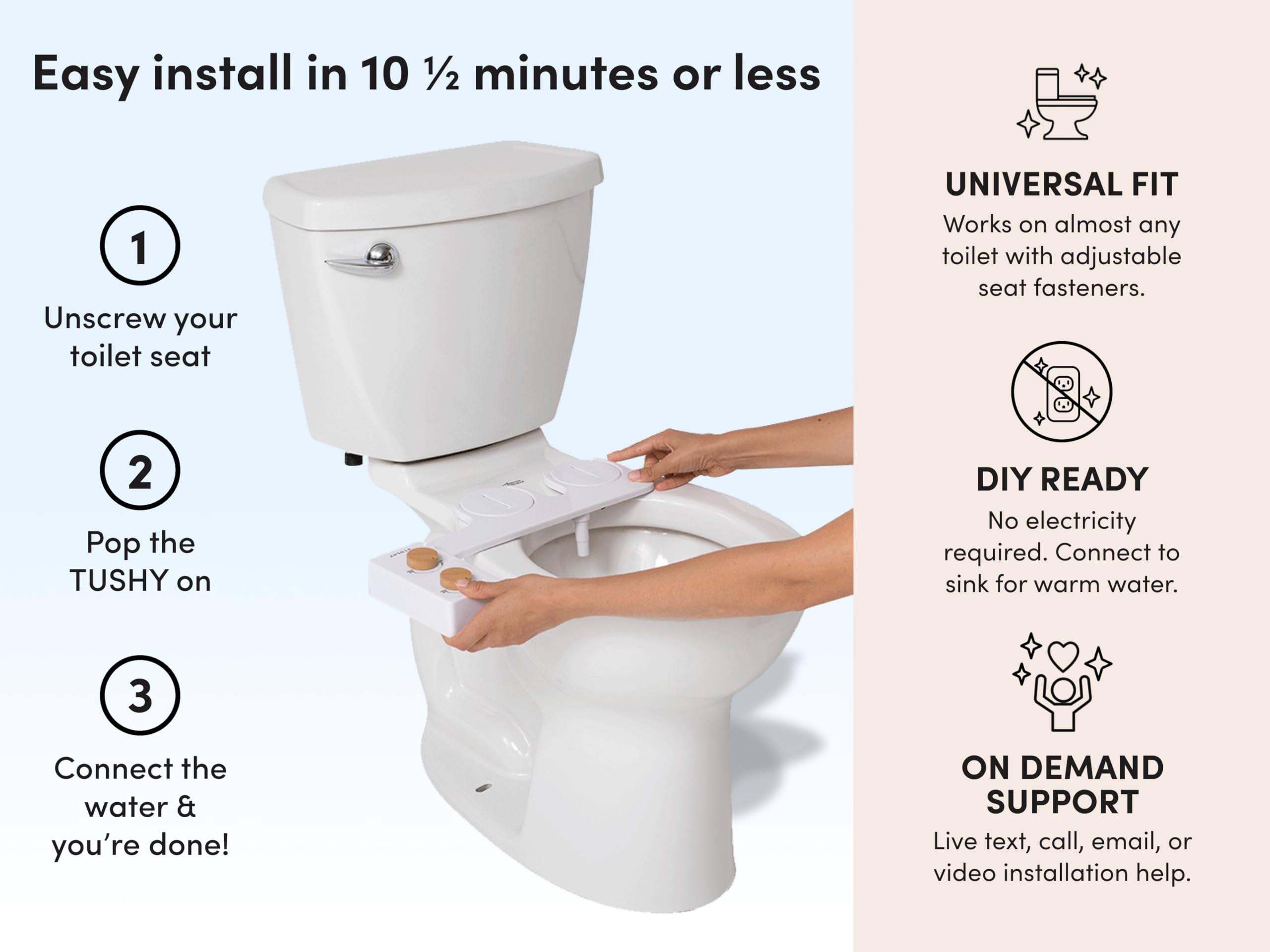 Tushy Spa Warm Water Bidet Attachment. Universal Toilet Fit, Easy DIY Install (Requires Sink Access for Temperature Control) Self Cleaning Sprayer, Adjustable Pressure & Angle Control, (Platinum Knob)